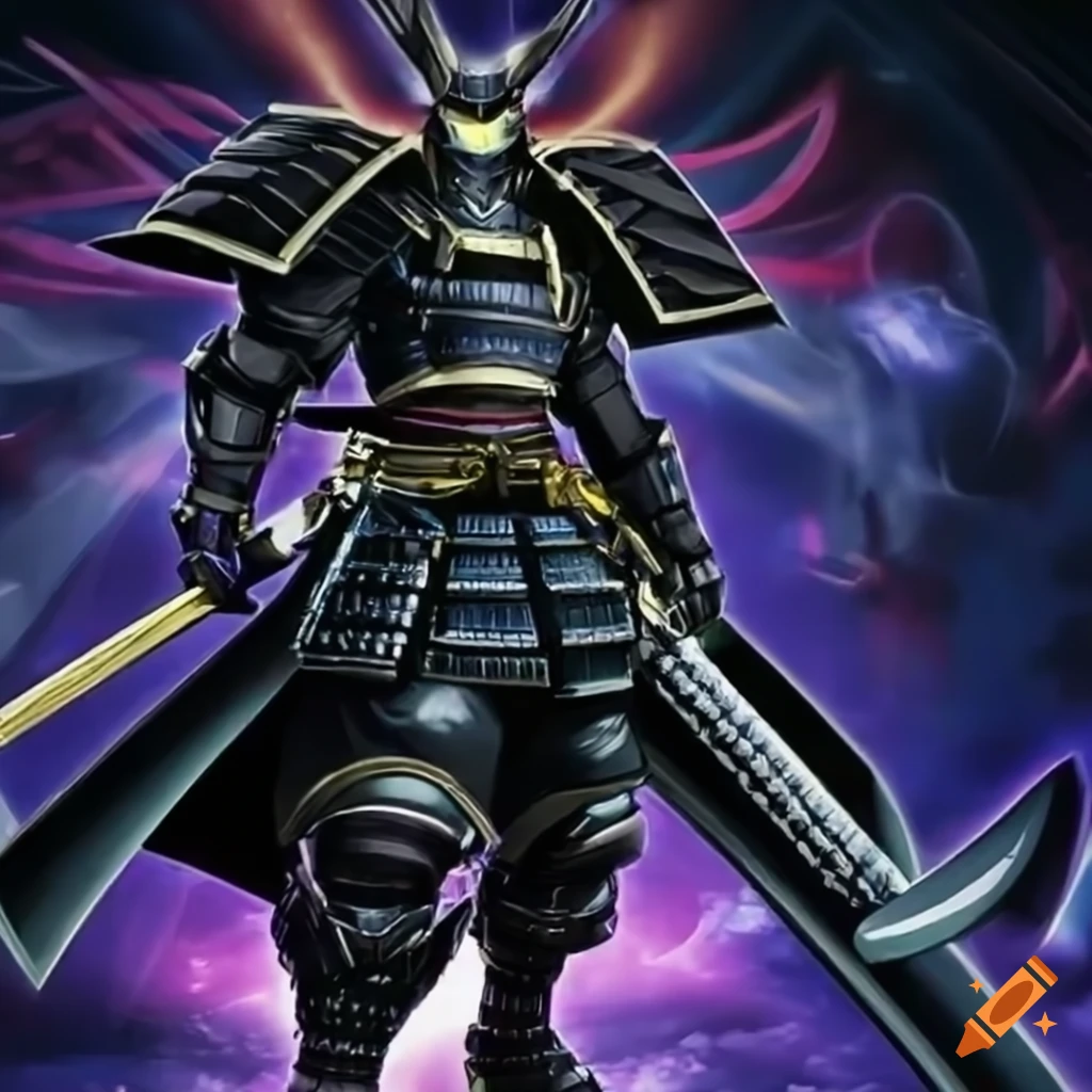 Powerful samurai with dark black armor in yu-gi-oh! art on Craiyon