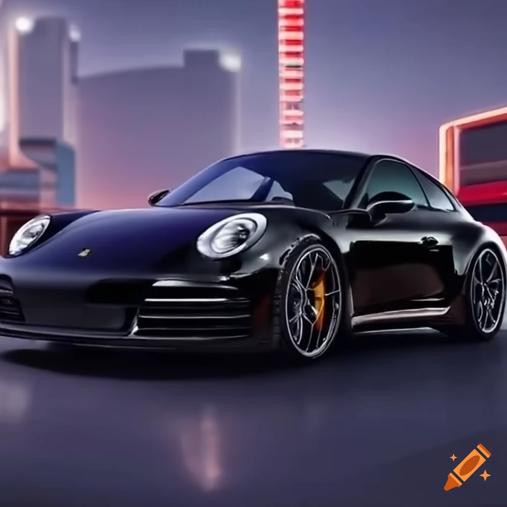 Sleek black porsche 911 at a gas station on Craiyon