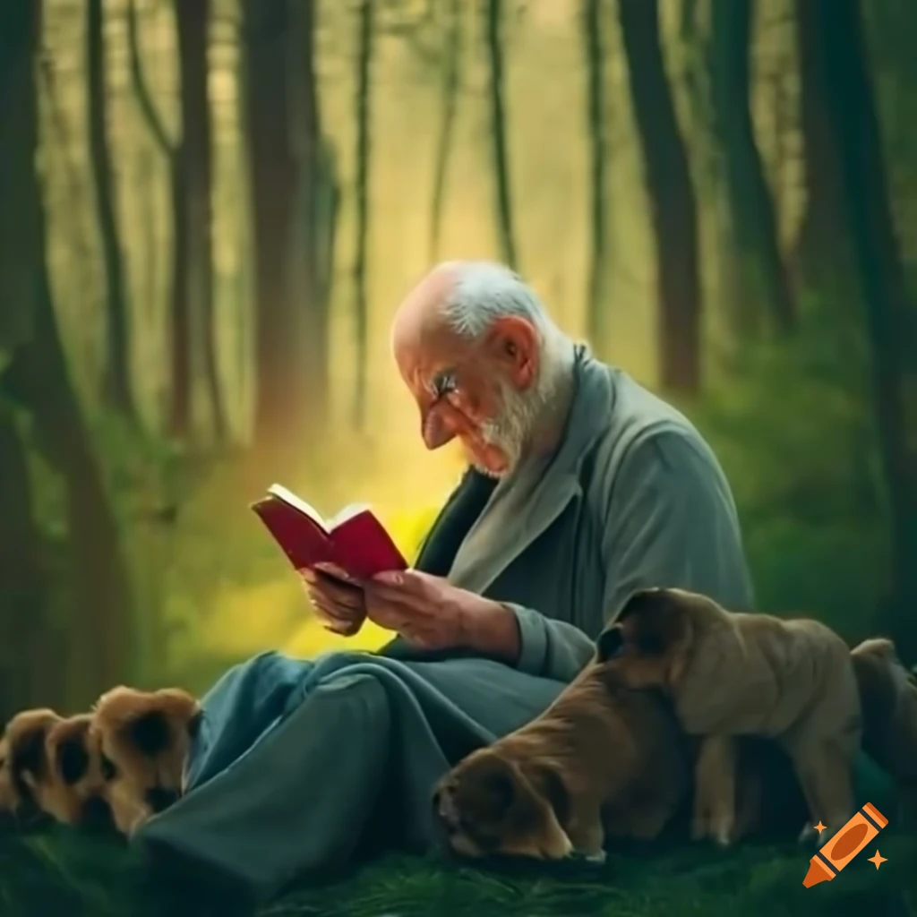 Old man reading to puppies in a forest on Craiyon