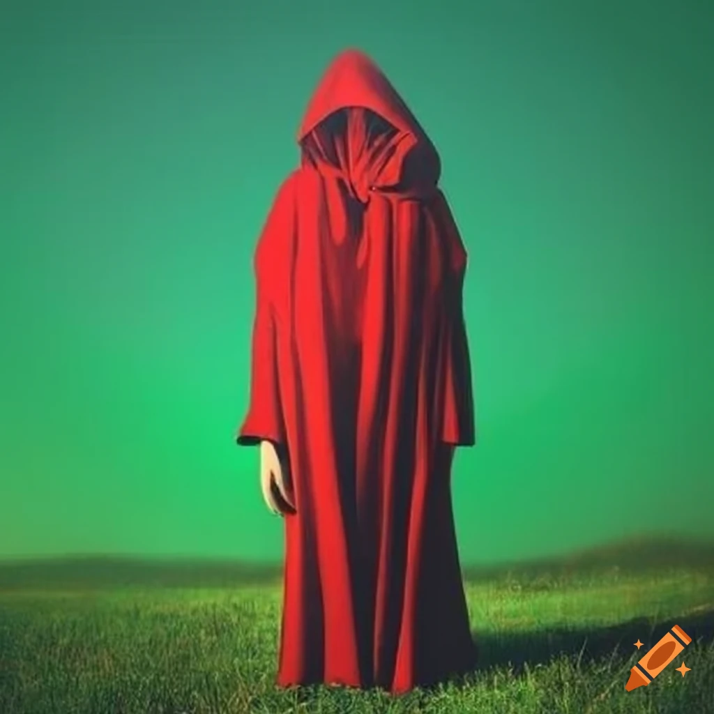 Red robe figure in green field surrealism on Craiyon
