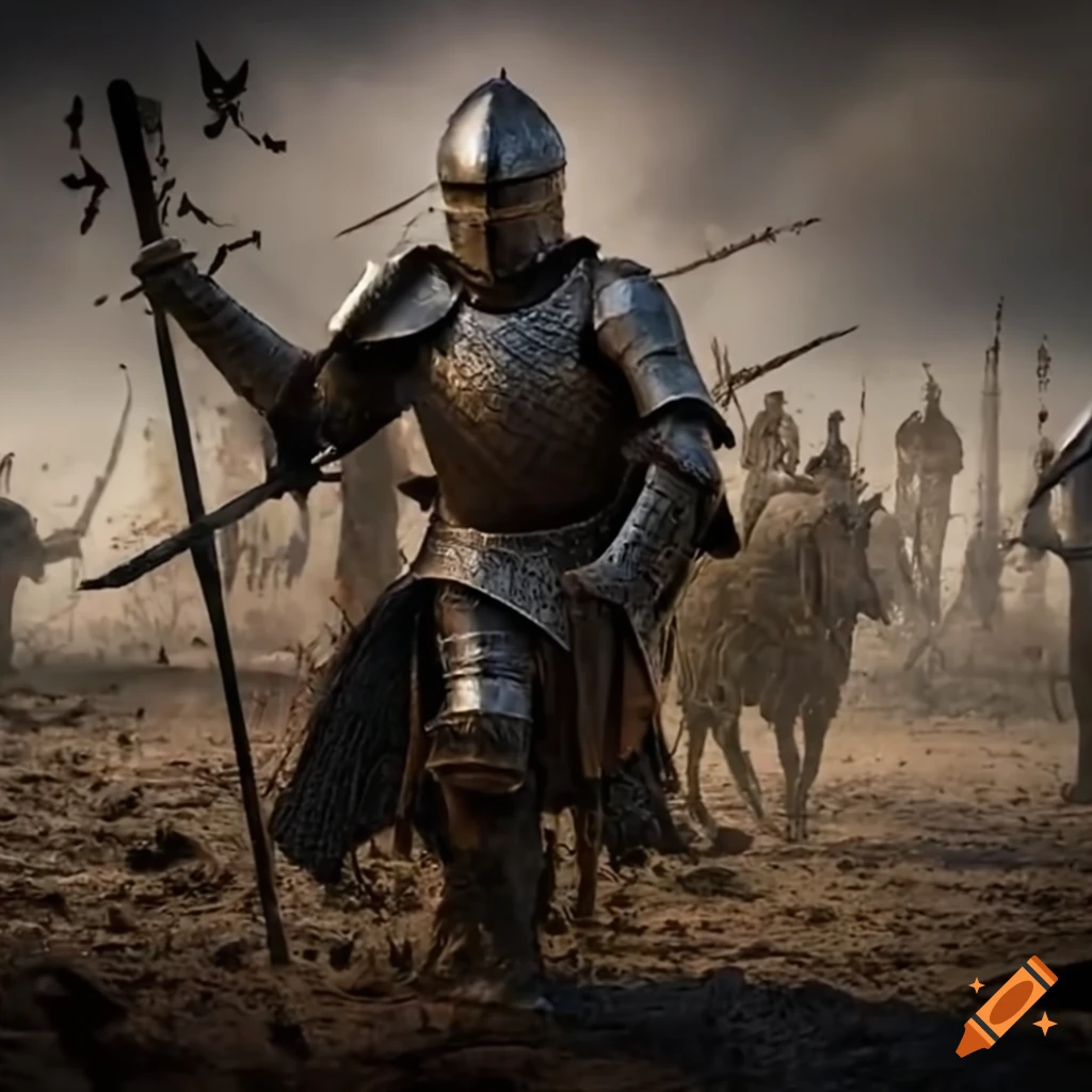 Intense battle scene between knights in muddy armor on Craiyon