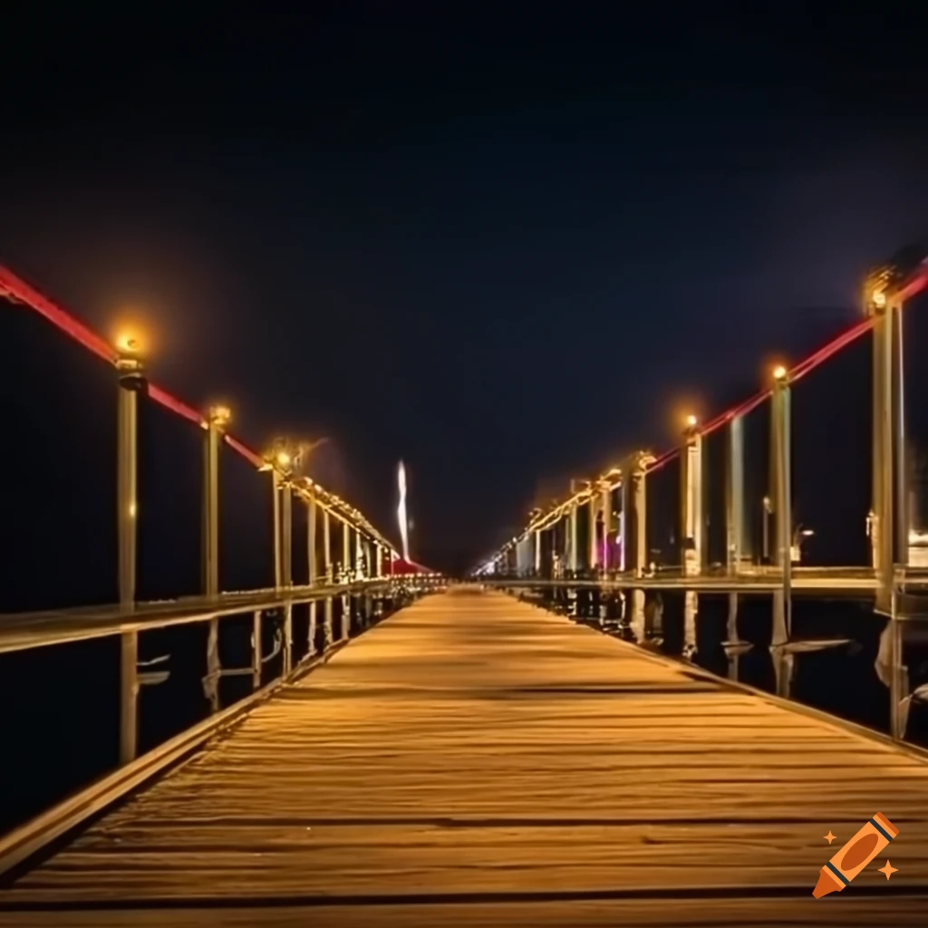 Pier illuminated at night with lights on Craiyon
