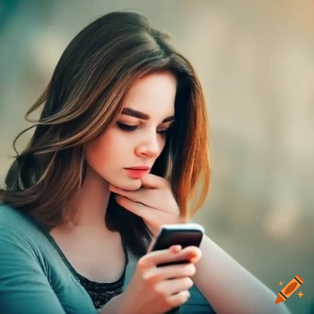 Woman with brown hair texting message on phone on Craiyon