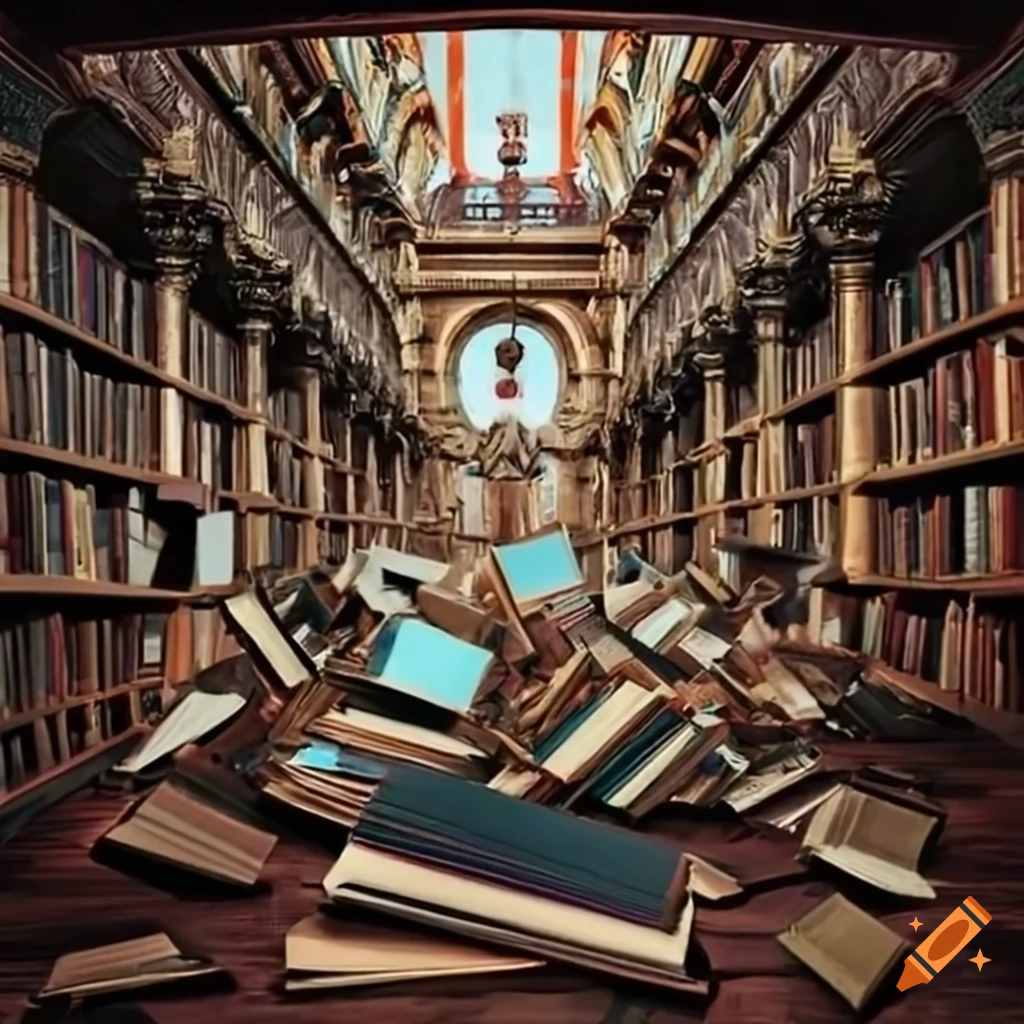 Surreal philosopher in chaotic library surrounded by flying books on ...