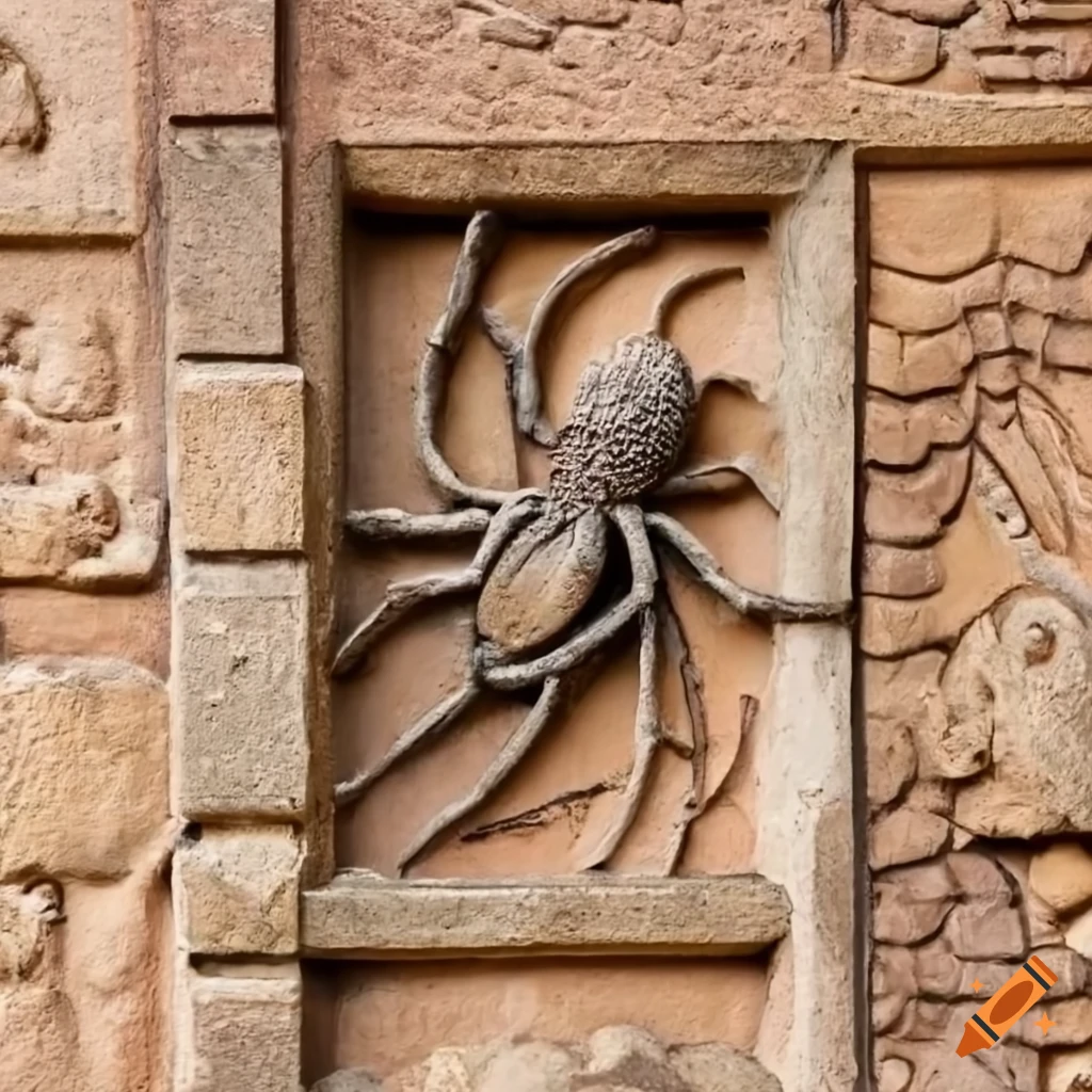 Ancient carving of spider-like creatures on sandstone wall on Craiyon