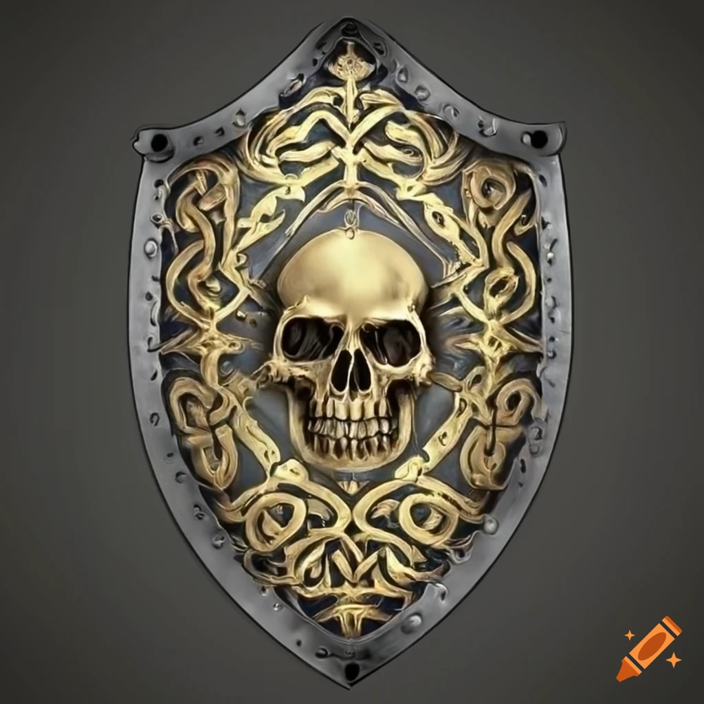Detailed gothic shield with black and gold Celtic patterns and skull ...