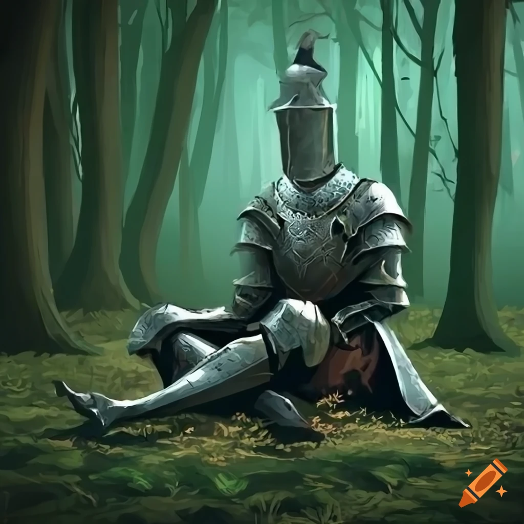 Weary knight sitting in a forest on Craiyon