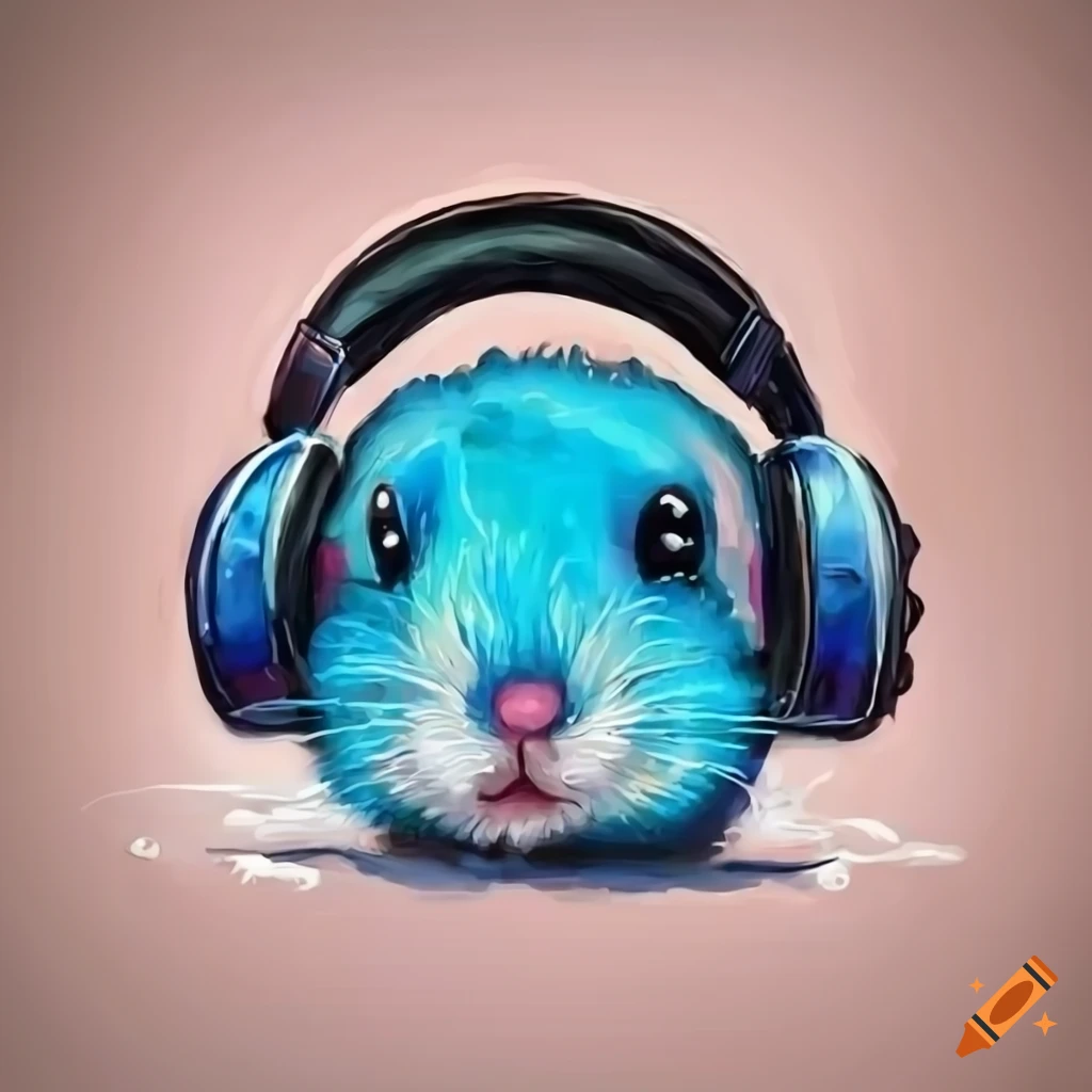 Creative illustration of a blue hamster with headphones in napster ...