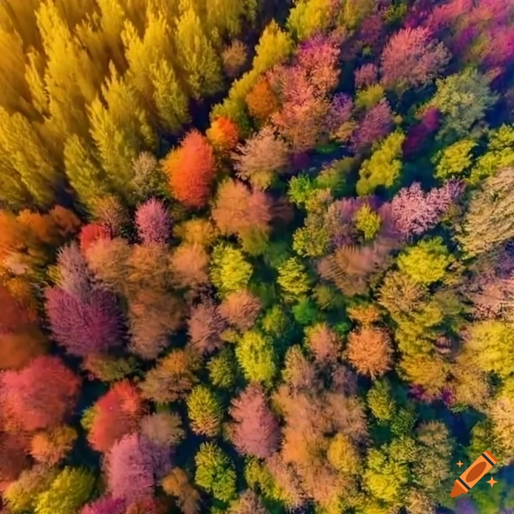 Colorful forest landscape from an aerial view during spring on Craiyon