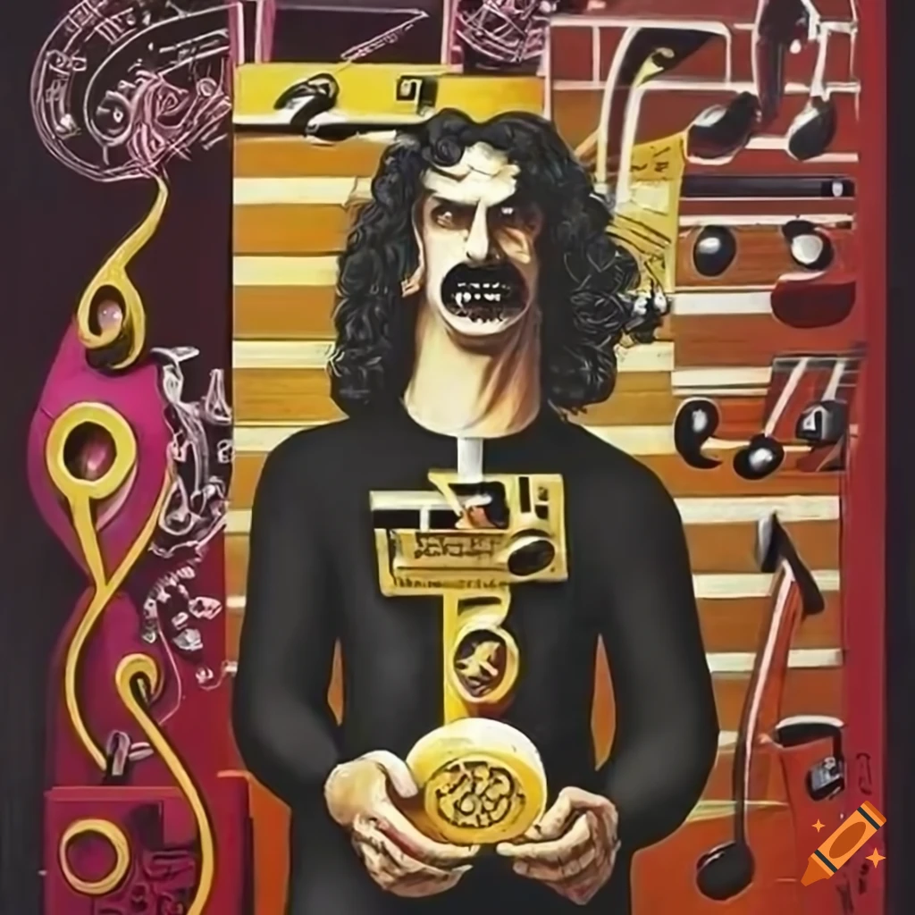 Surreal painting of Frank Zappa surrounded by music notes and symbols ...
