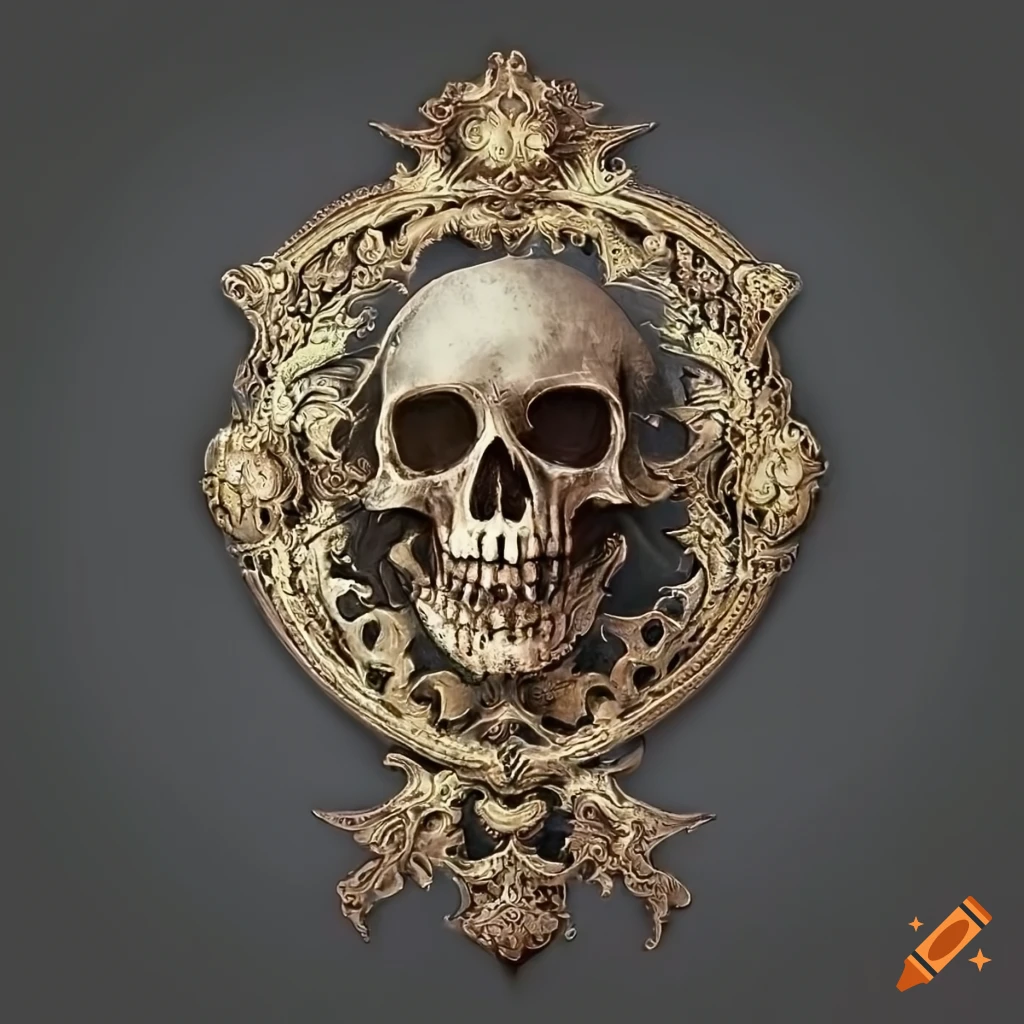 Ornate pirate skull shield design on Craiyon