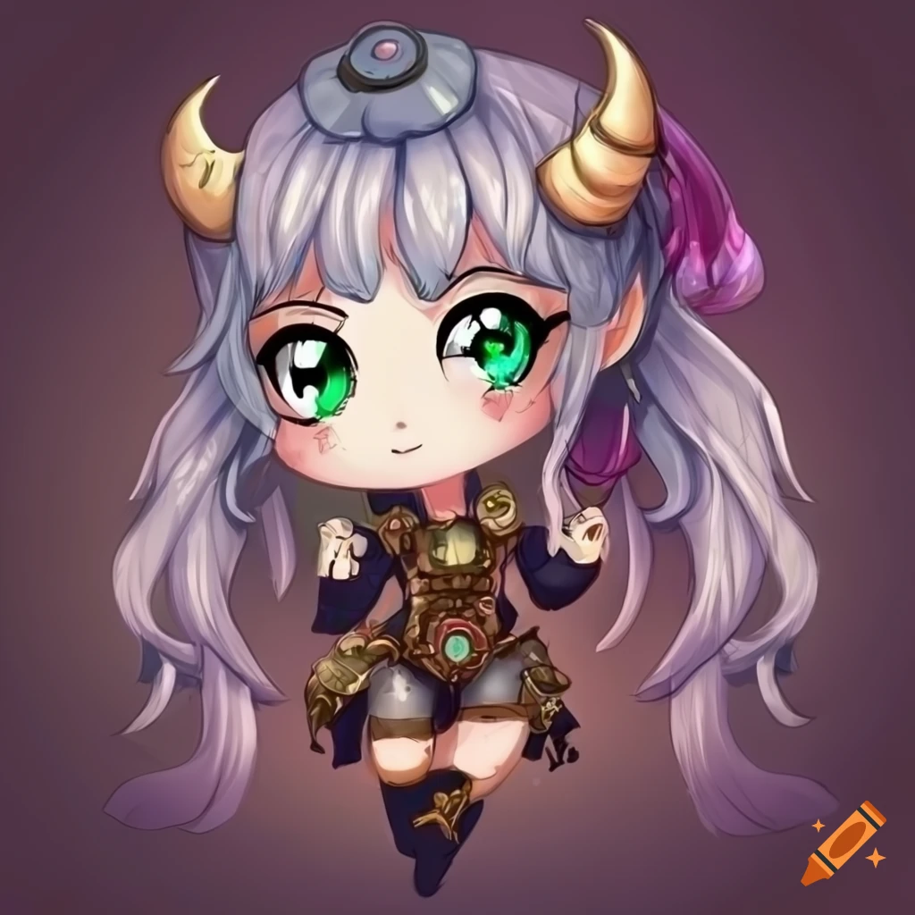 Enchanting chibi-style demon with wings and emerald green eyes in a ...