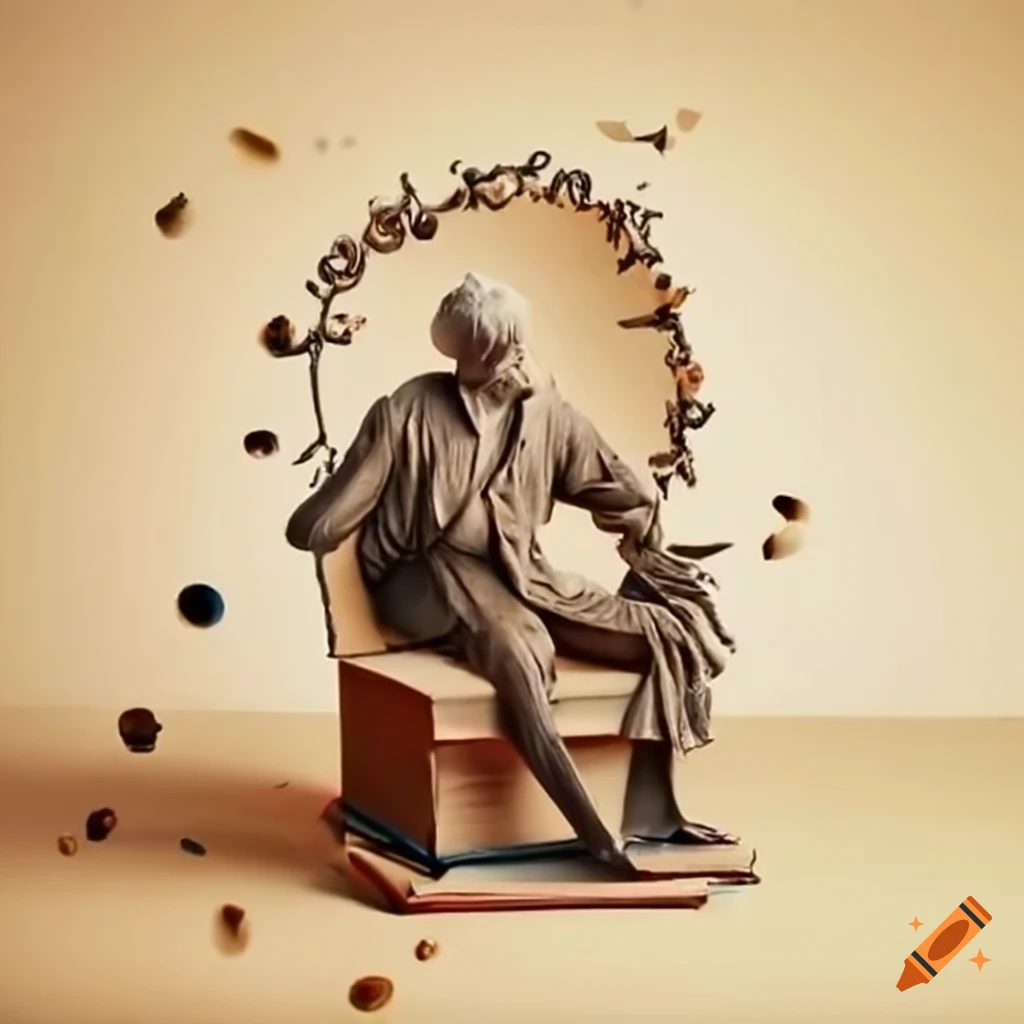 Philosopher sculpture made of books and paper in a chaotic library on ...