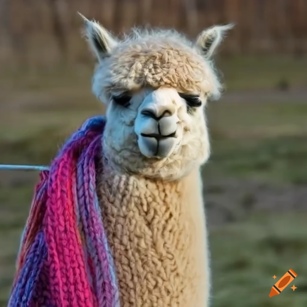 Adorable alpaca knitting a scarf on Craiyon