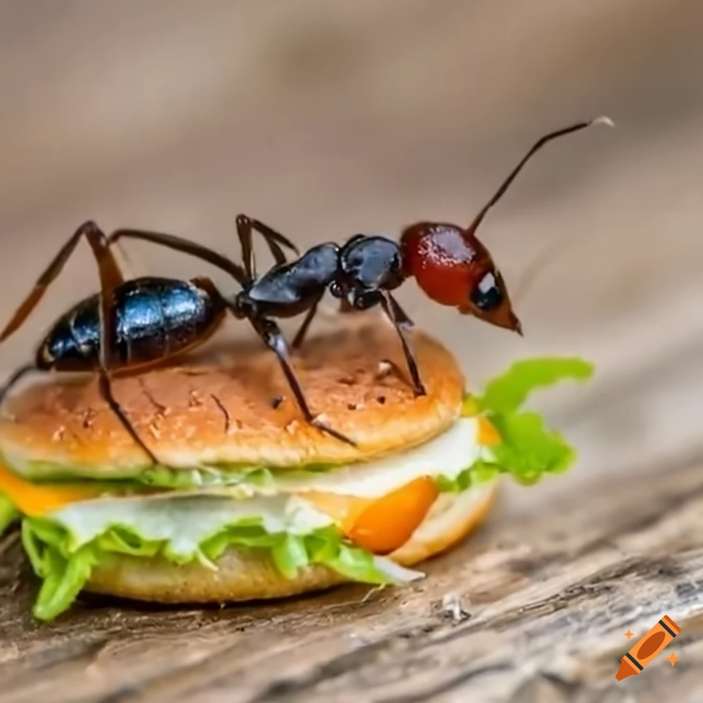 Ant eating a mini hamburger on Craiyon