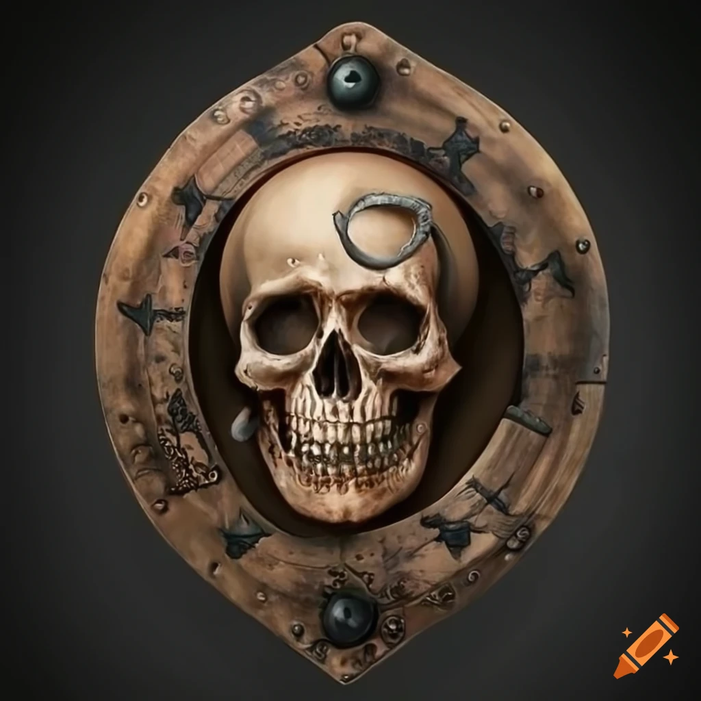 Fearless pirate skull with shield, eyepatch, sword, and treasure map in ...
