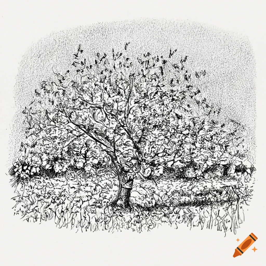 Apple orchard with chickens in black and white drawing on Craiyon