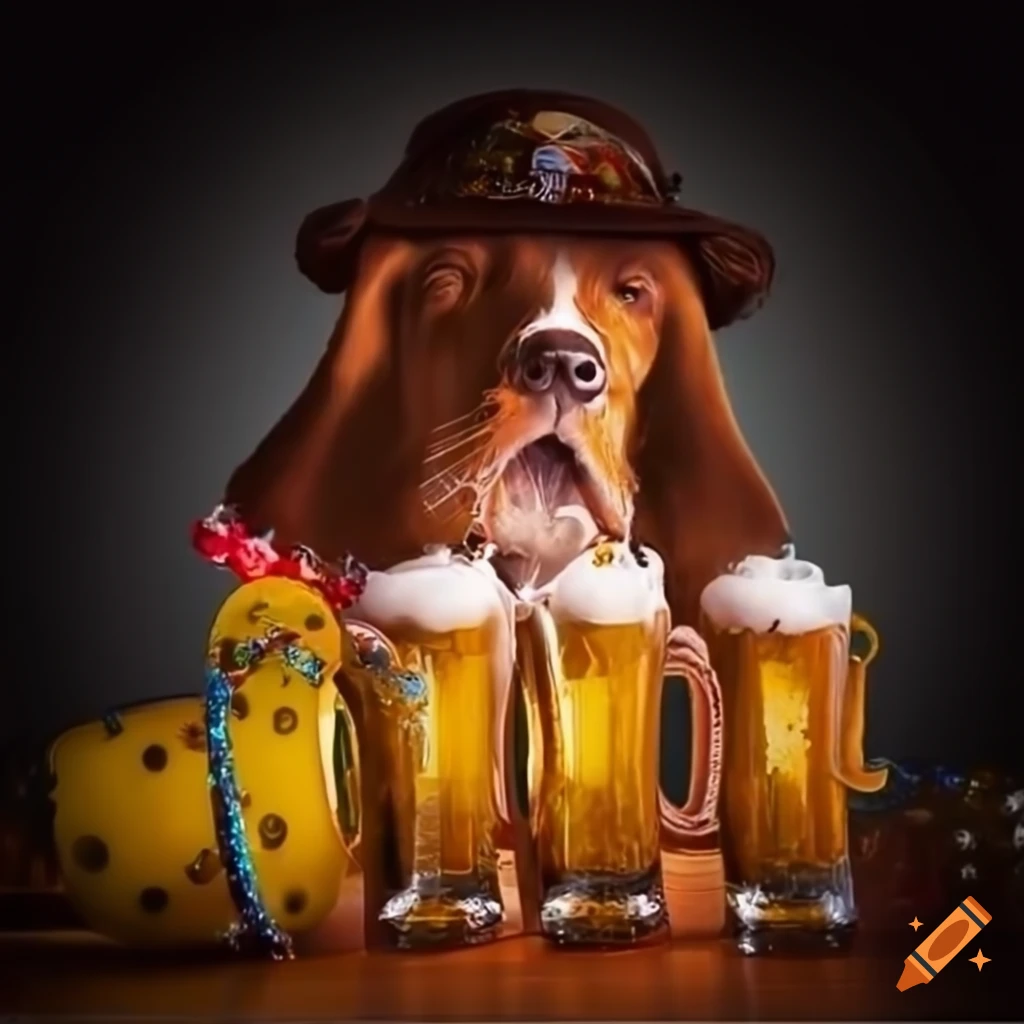 Traditional Oktoberfest party with band, beers, and dog-shaped balloons ...
