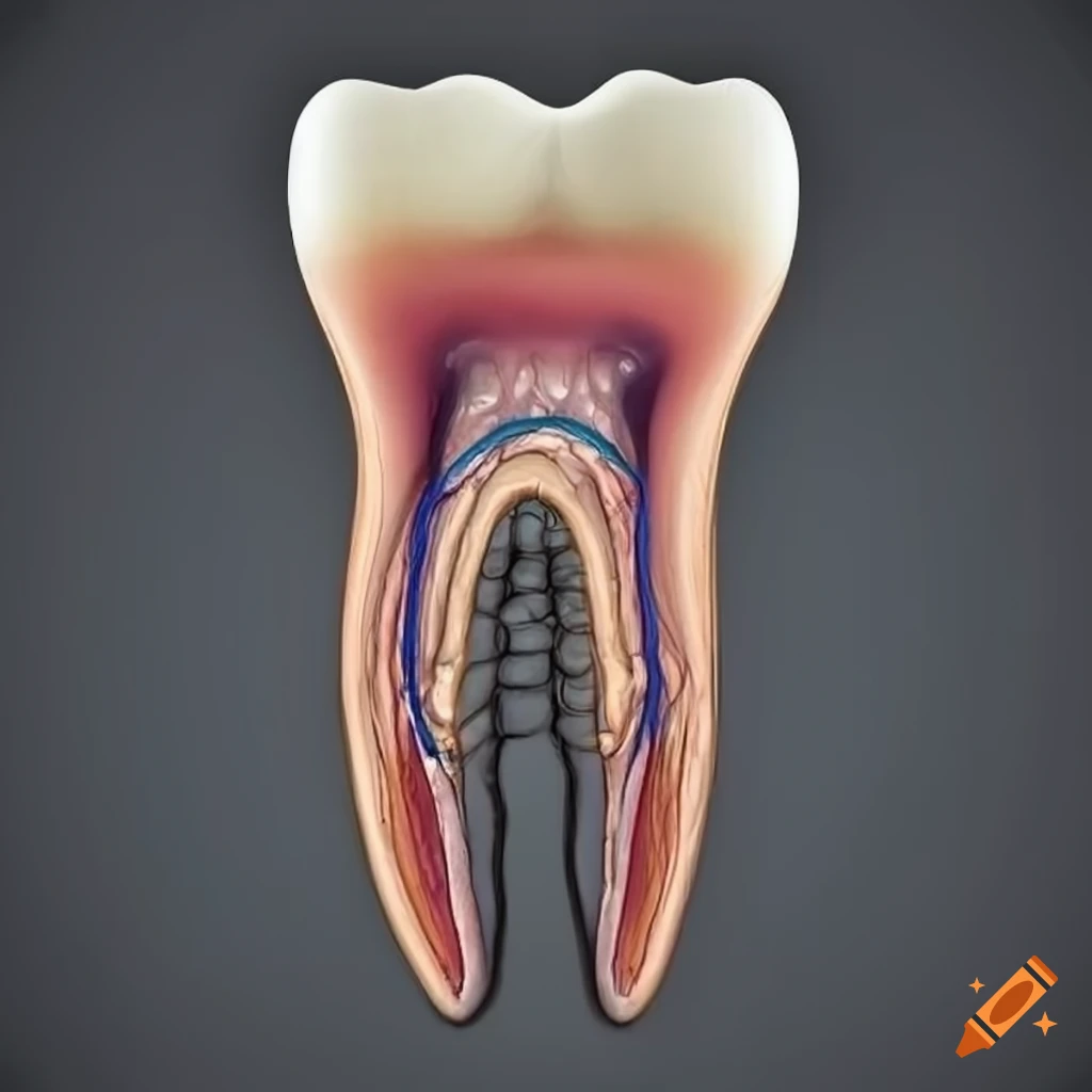 Detailed tooth anatomy cross-section illustration showing pulp, roots ...