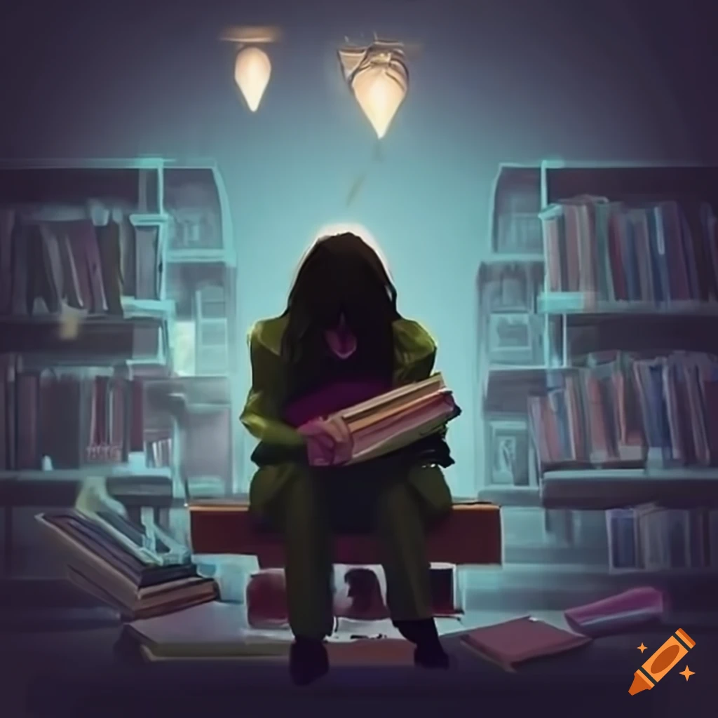 Person in a library amidst chaotic, floating books on Craiyon