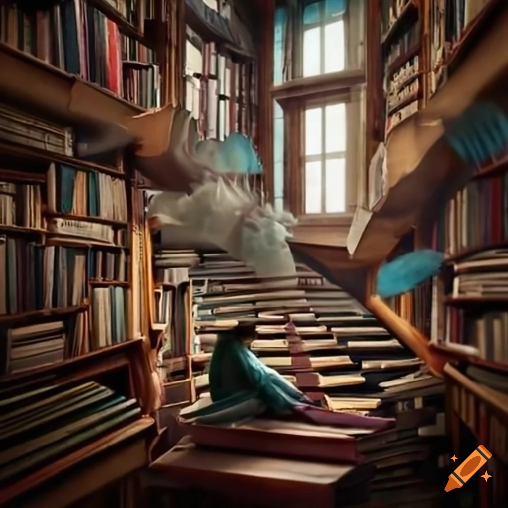 Surreal philosopher amidst chaos in a library with flying books on Craiyon