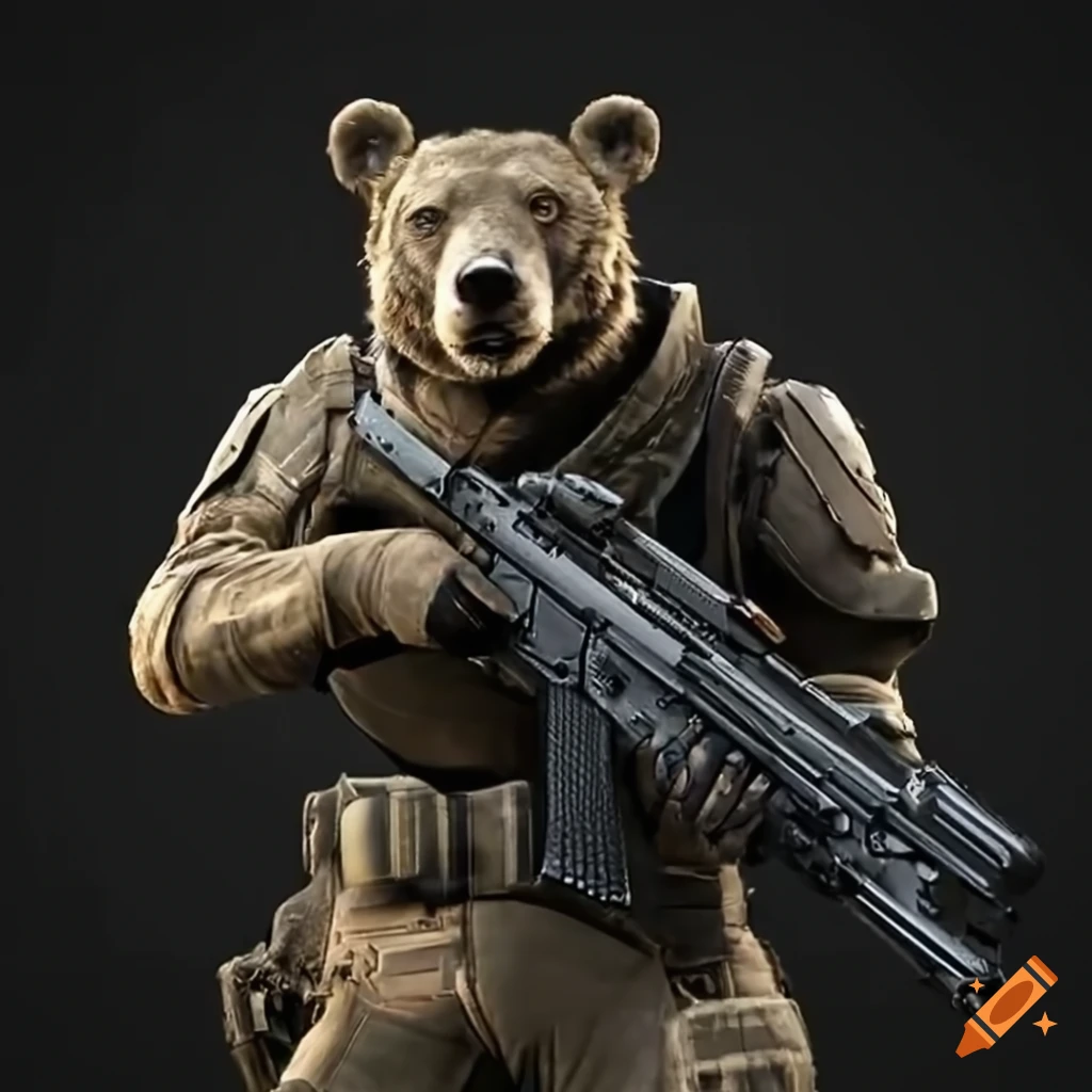 ODST Armour Bear with a light machine gun shooting on Craiyon