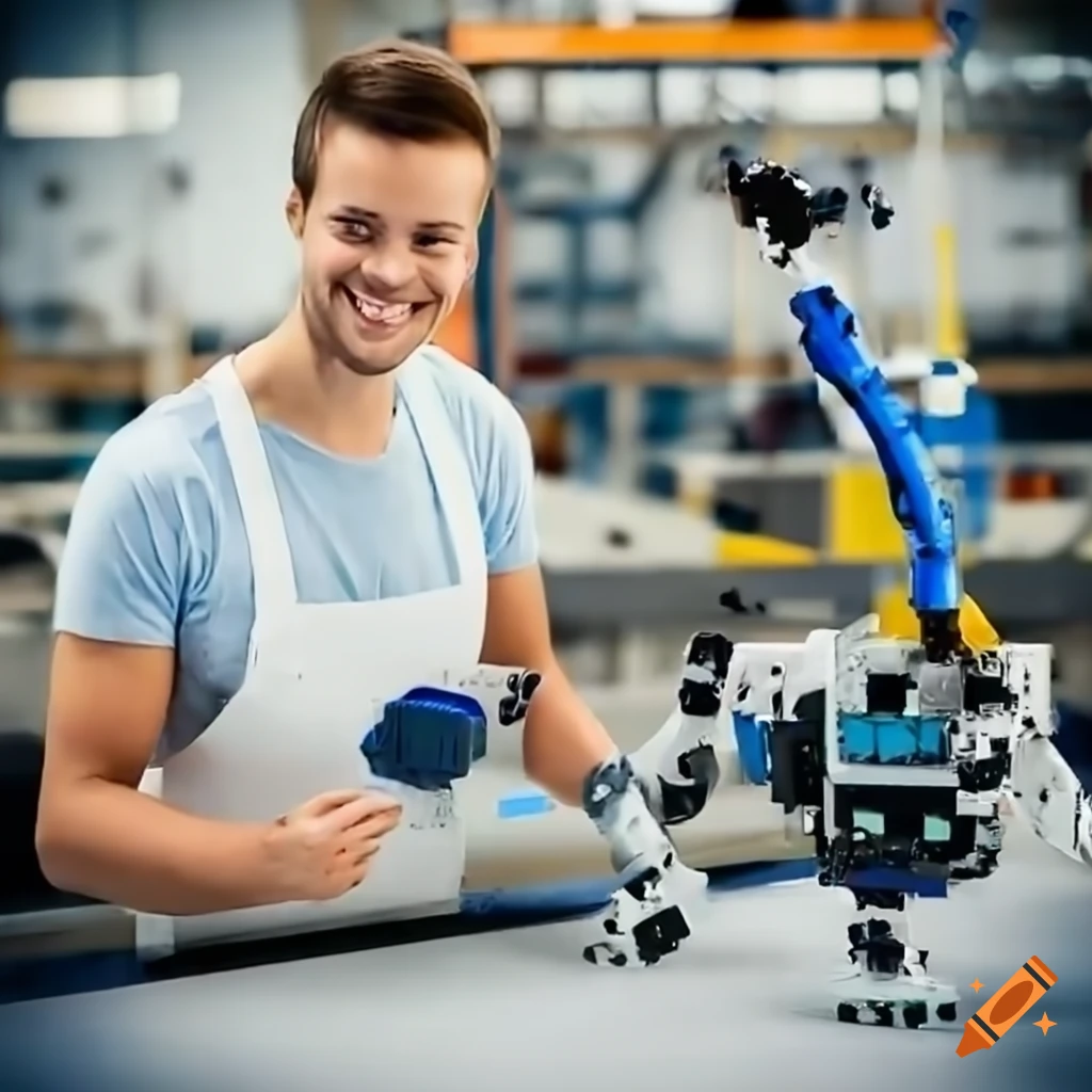 Worker with a small robot in a factory on Craiyon