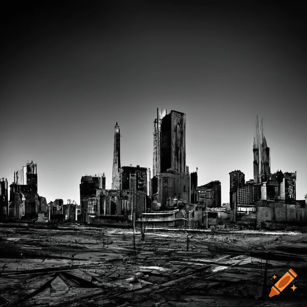 Skyline of an abandoned city in a gritty black-and-white urban ...