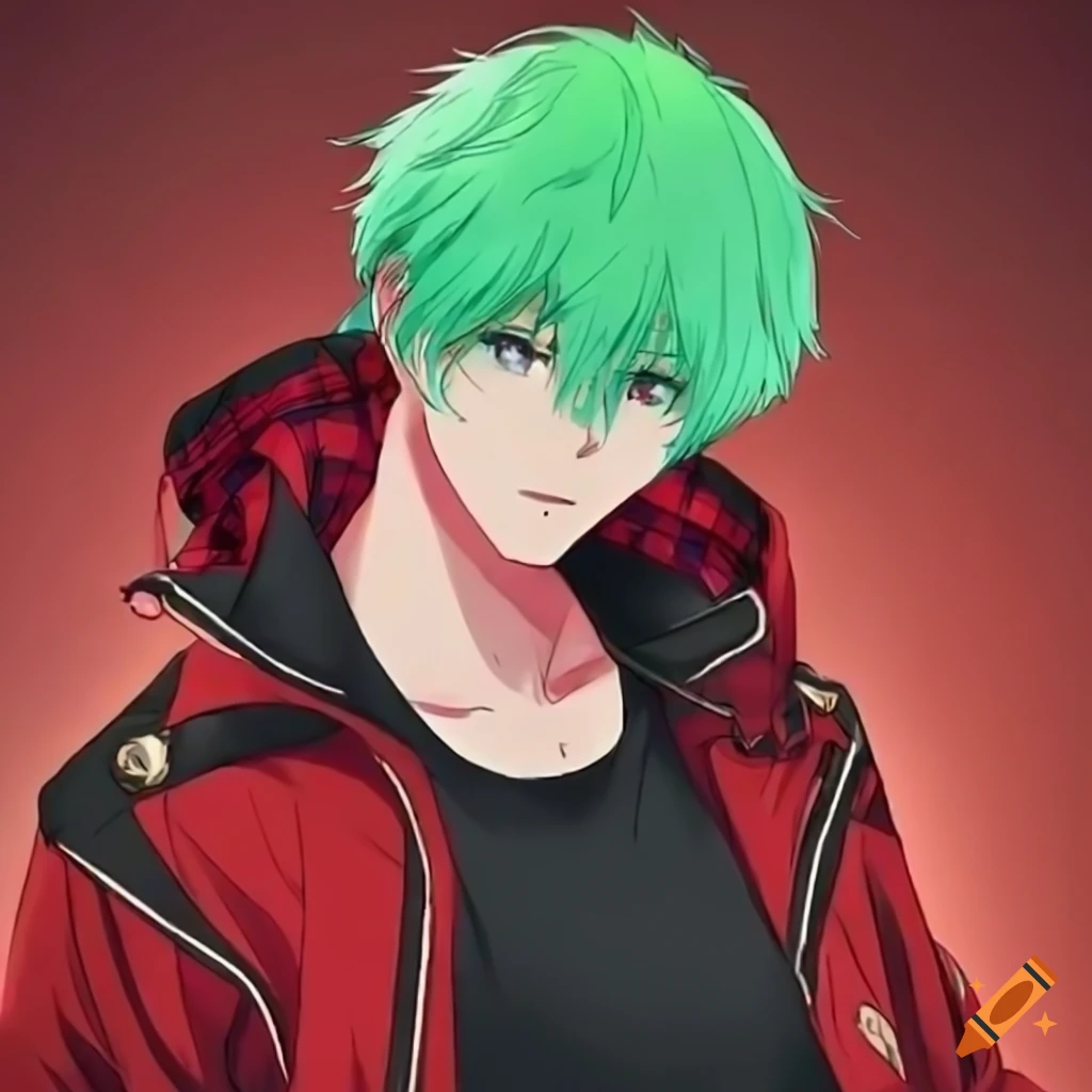Anime character with green hair and red jacket on Craiyon