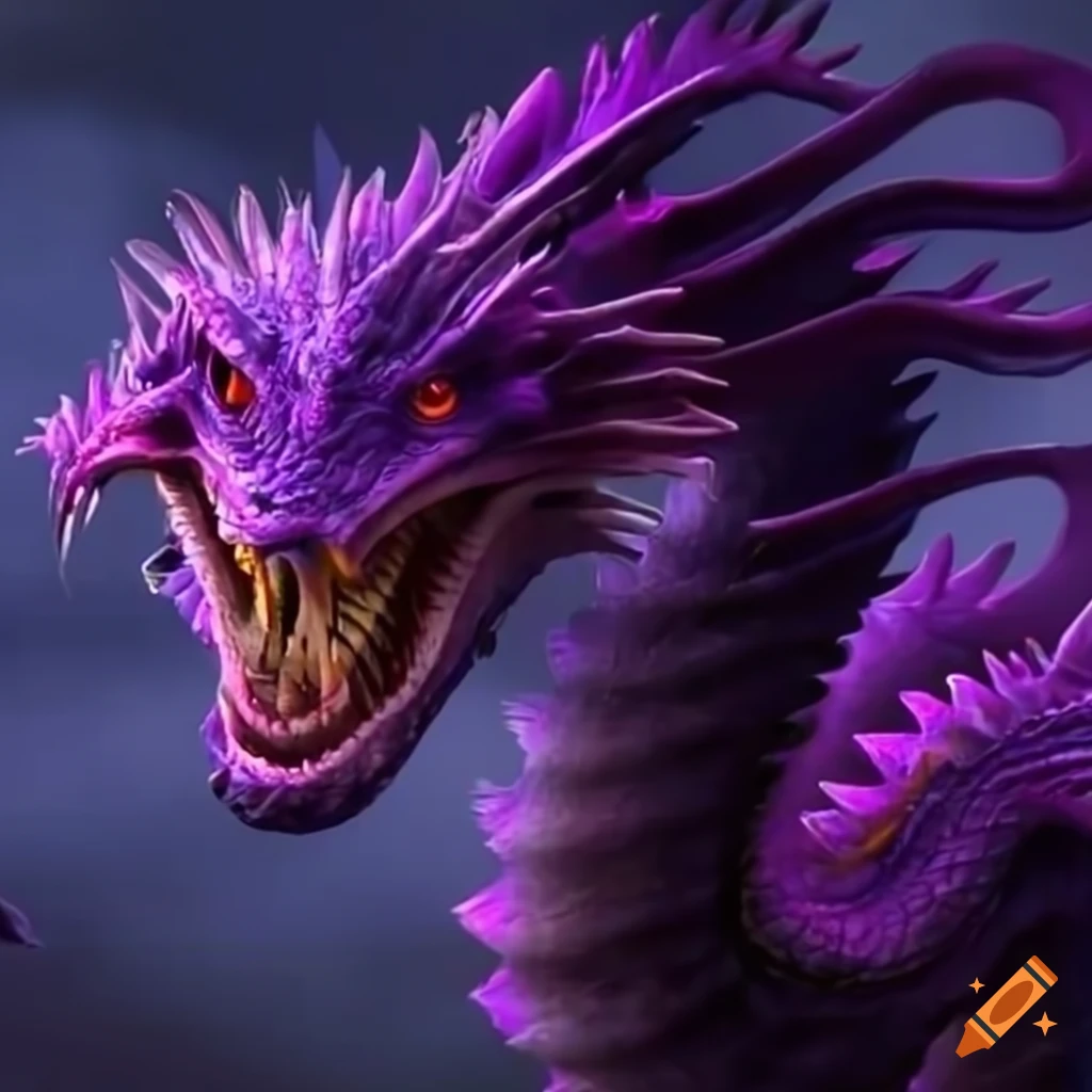 Mythical purple hydra creature with five colorfu heads on Craiyon