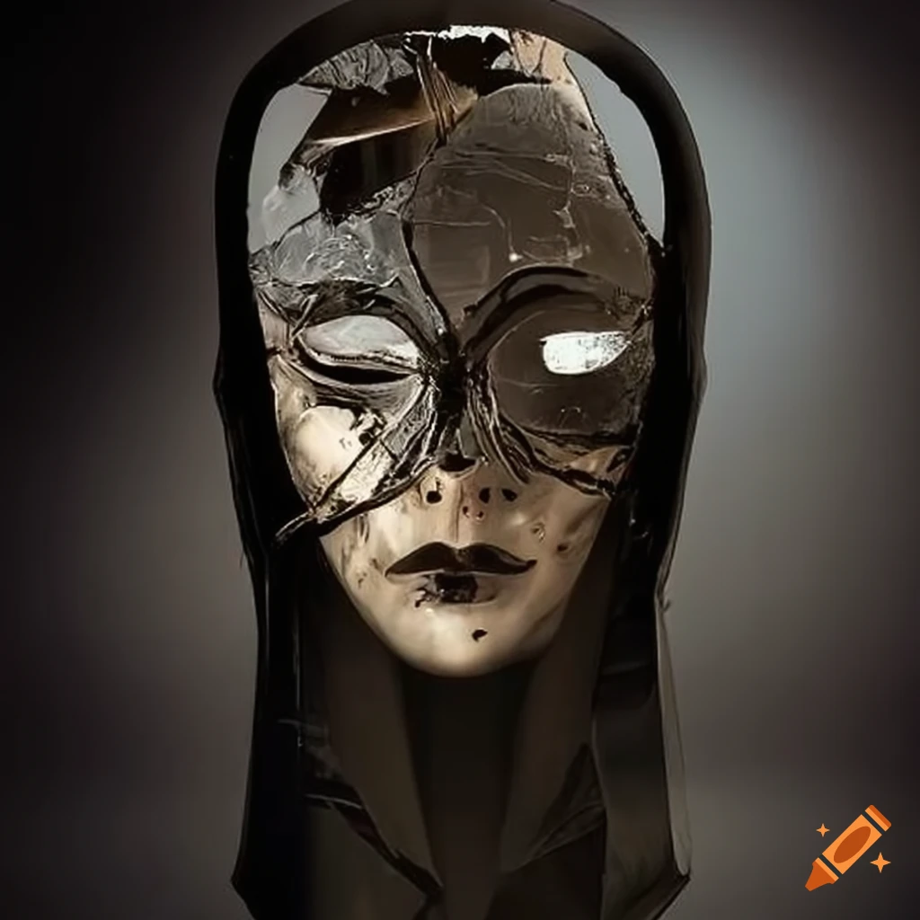 Reflection of a shattered mask in glass, mystery and intrigue on Craiyon