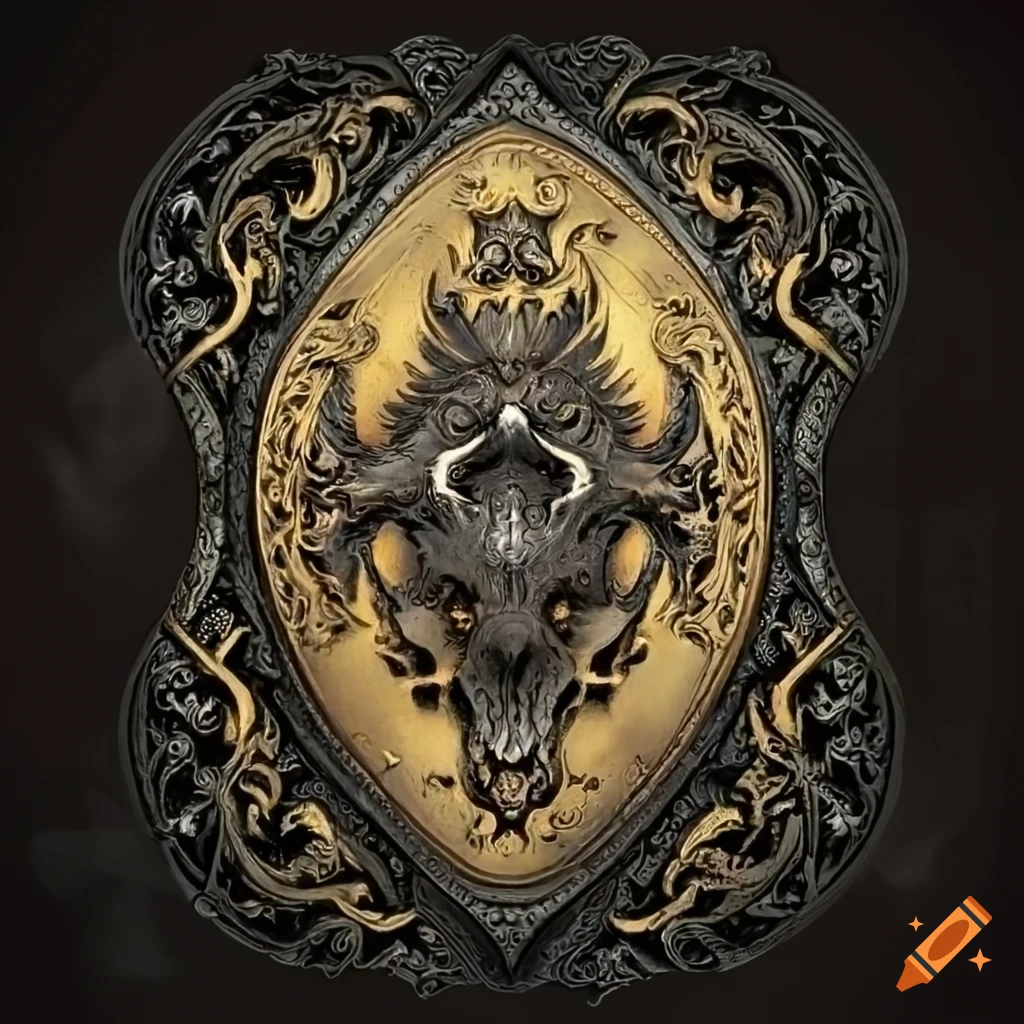 Ornate gothic shield with dragon/wolf engravings and Celtic patterns in ...