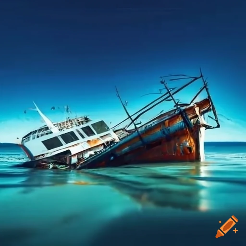 Cruise ship sinking at the beach on Craiyon