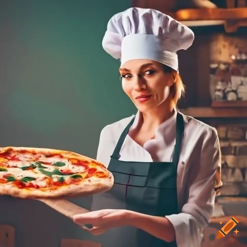 Pizzeria interior with female chef presenting a pizza in south tyrol ...