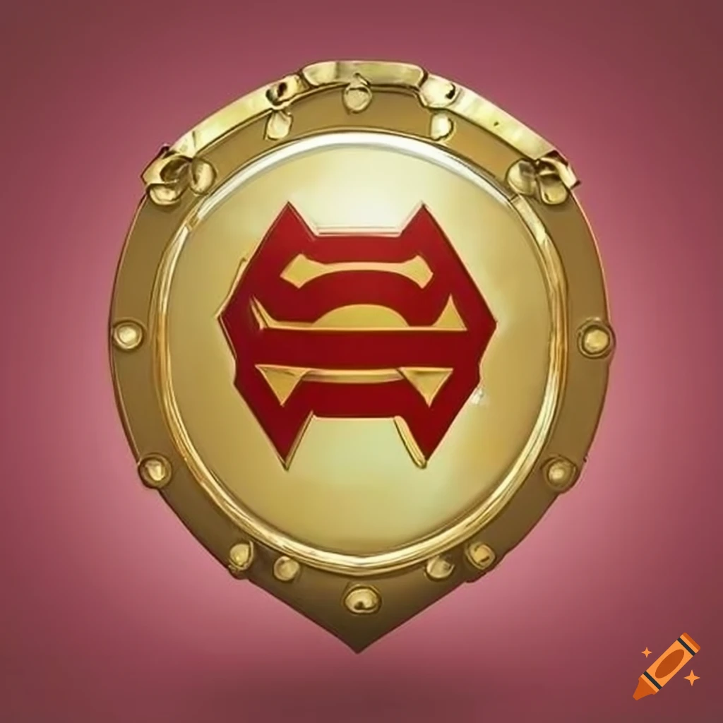Close-up of a superhero's gold and red shield on Craiyon