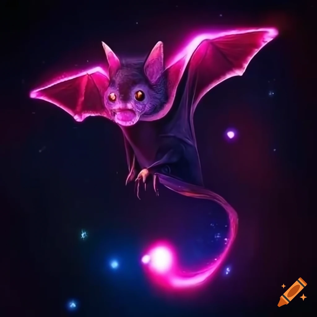 Adorable bat-inspired creature flying through a neon-lit galaxy on Craiyon