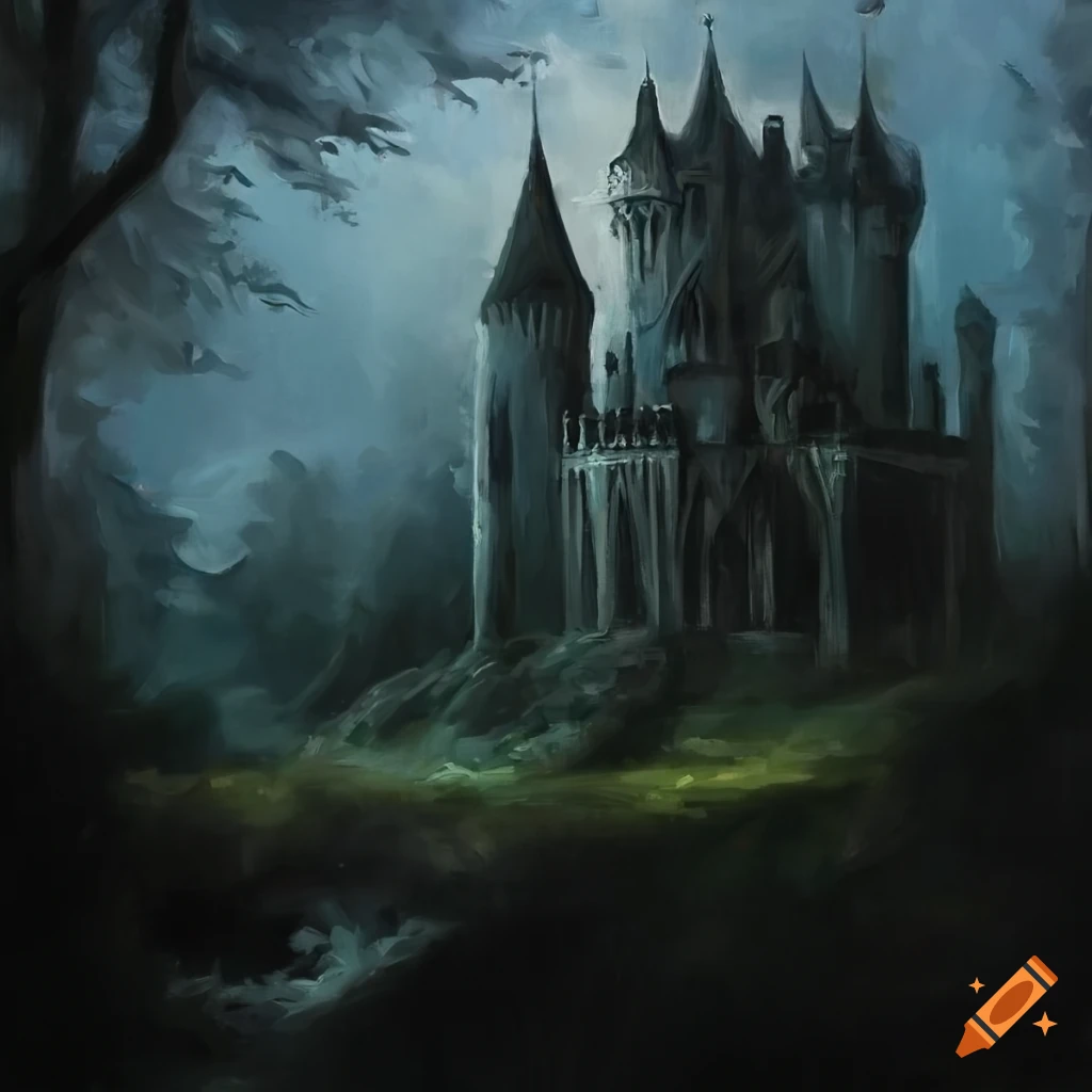 Gothic scenery of a forest and castle in an oil painting style on Craiyon