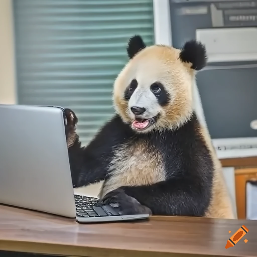 Panda bear using a laptop in an office setting on Craiyon