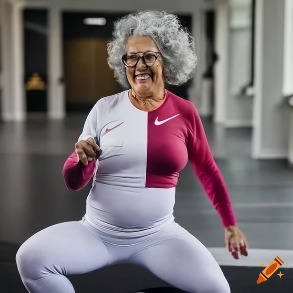 Award-winning fitness photo of a full-figured elderly woman with curly ...