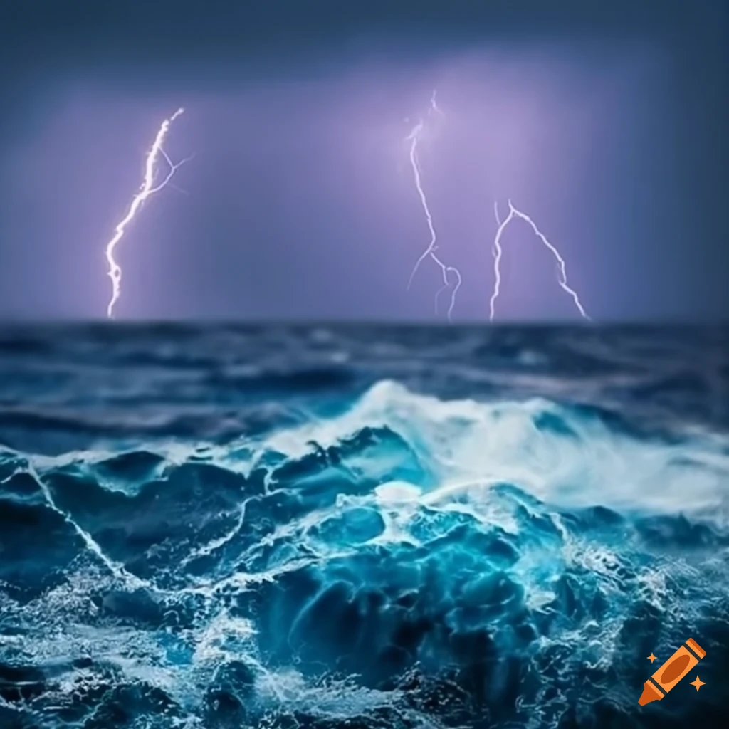 Deep blue ocean with lightning strikes on Craiyon