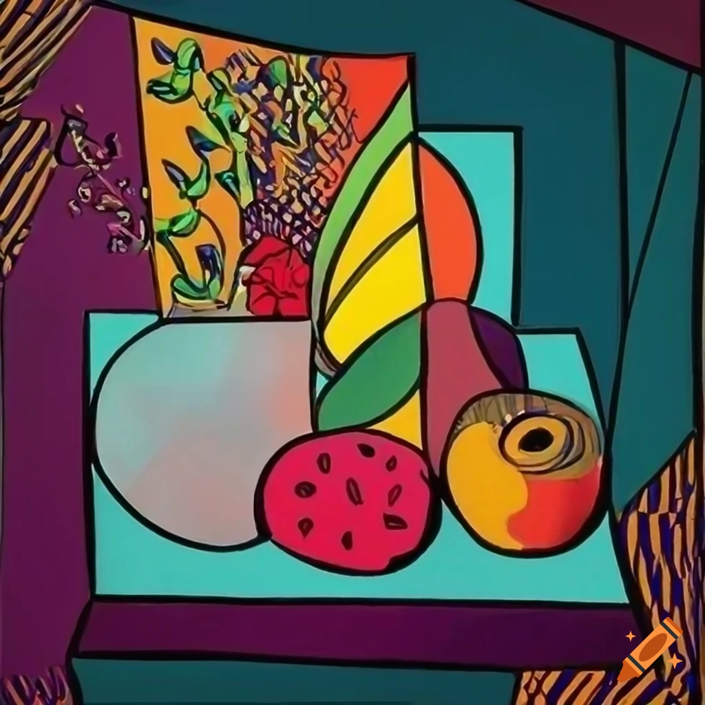Colorful cubism still life art with fruits and flowers in Picasso style ...