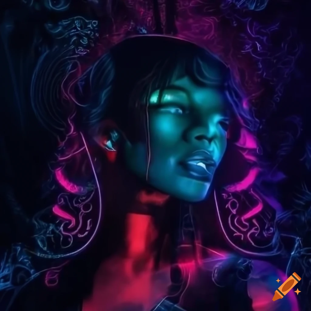 Flirty, gorgeous cyberpunk forestcore portrait with neon vector accents ...