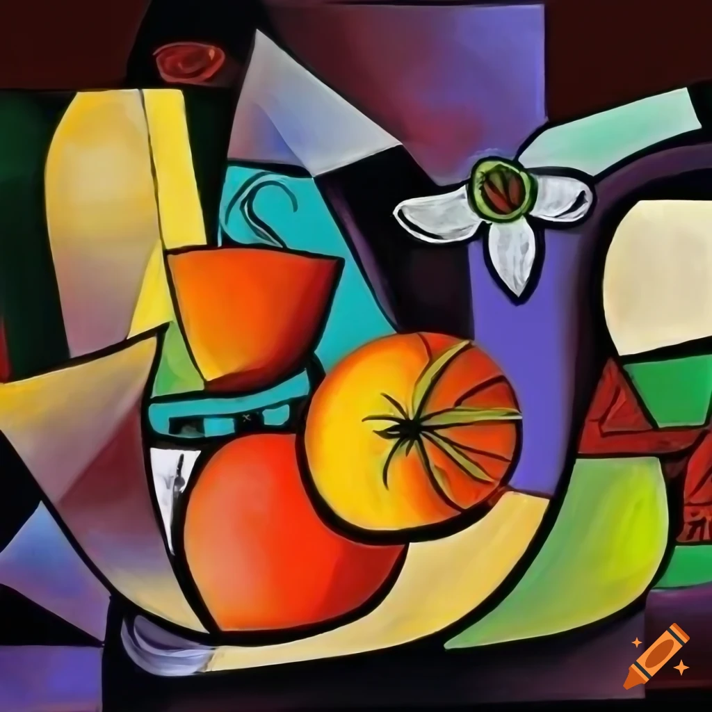 Colorful cubism still life art with fruits and flowers in Picasso style ...