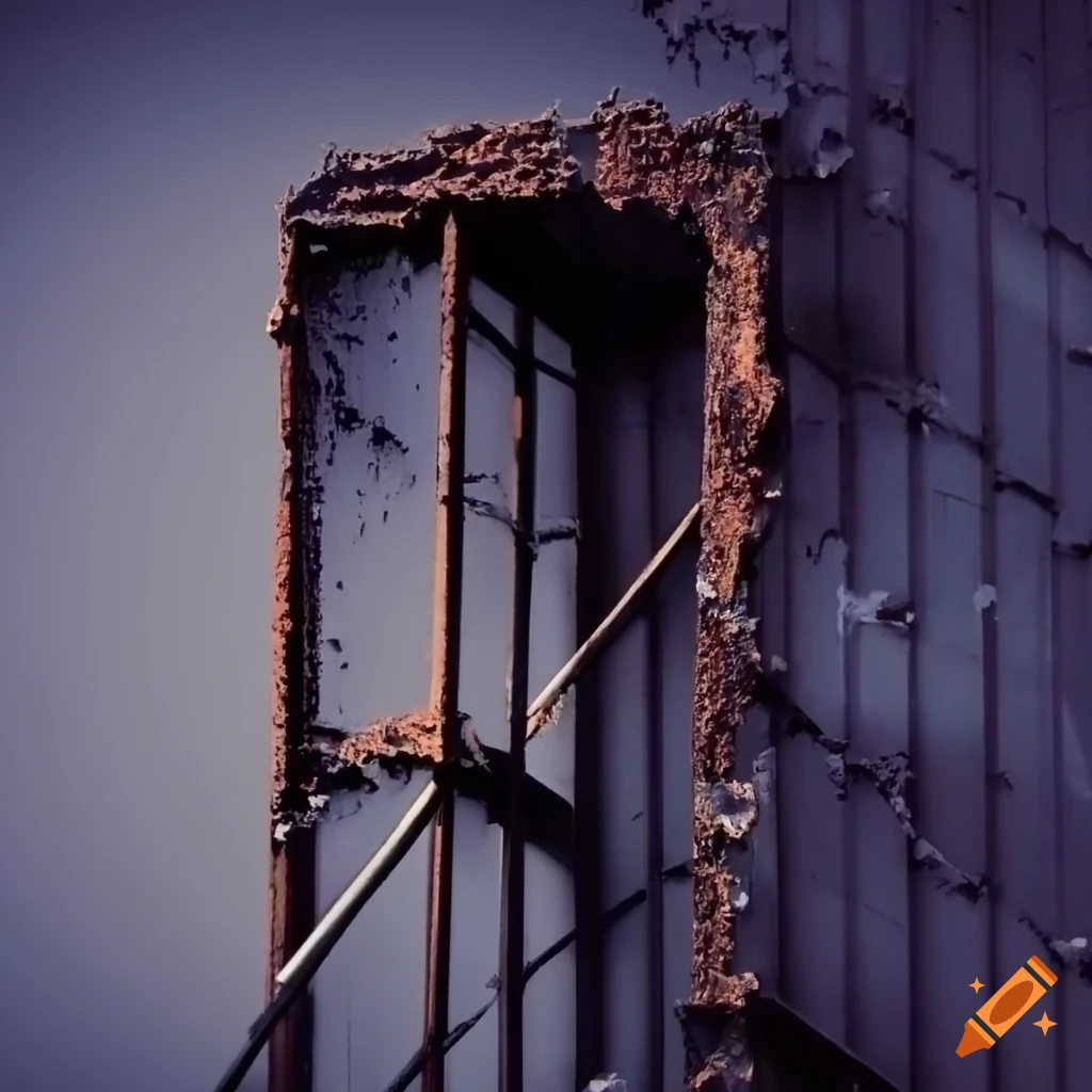 Steel supports exposed in a crumbling building on Craiyon