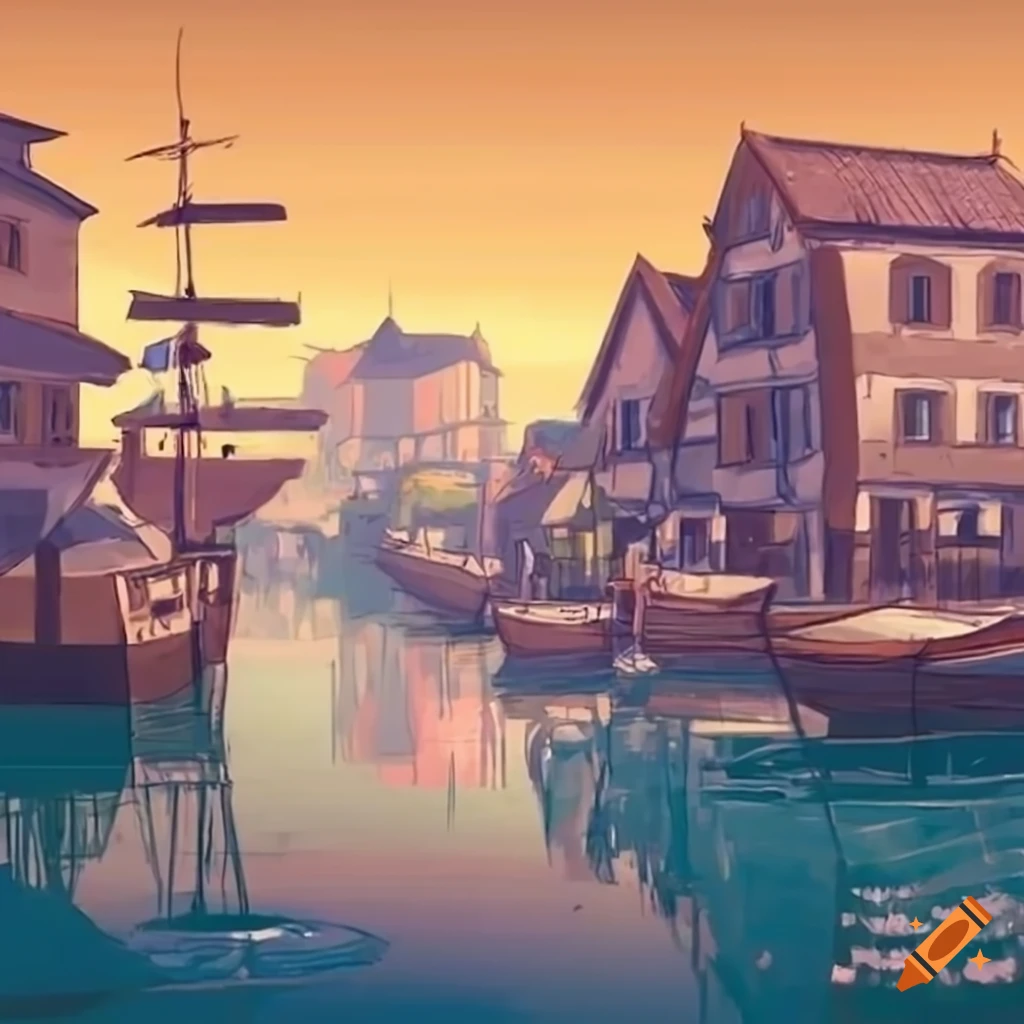 Quaint medieval coastal town with ships in the harbor in anime style on ...
