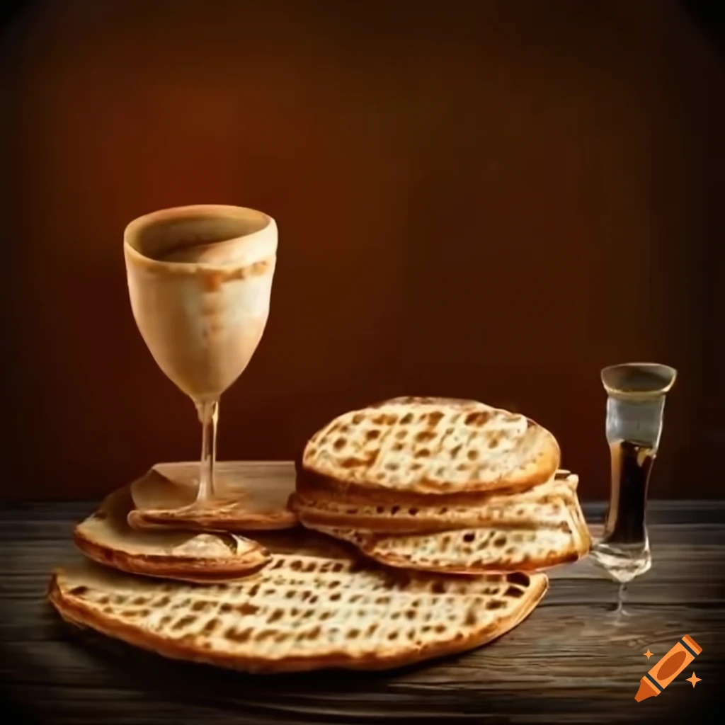 Table with wine, unleavened bread, and spring flowers for Passover on ...