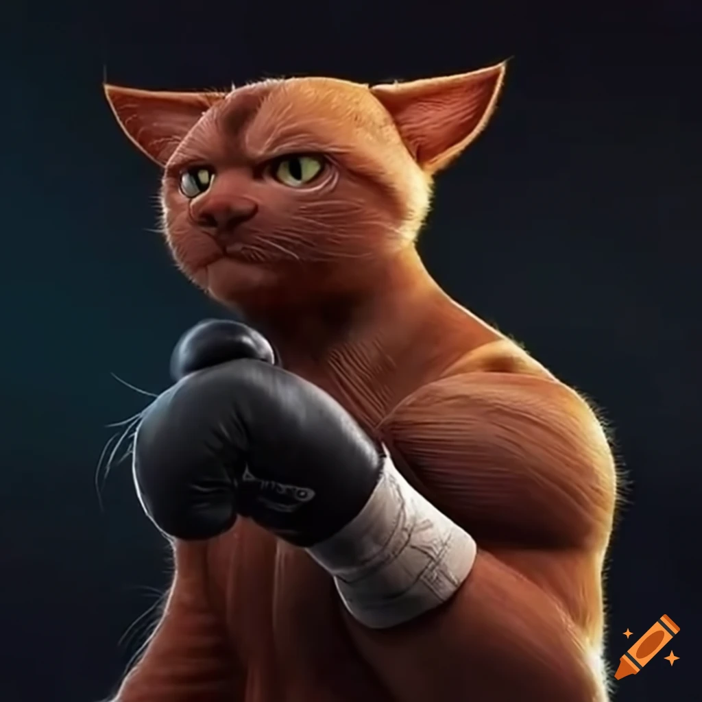 Muscular cats boxing in a boxing arena on Craiyon