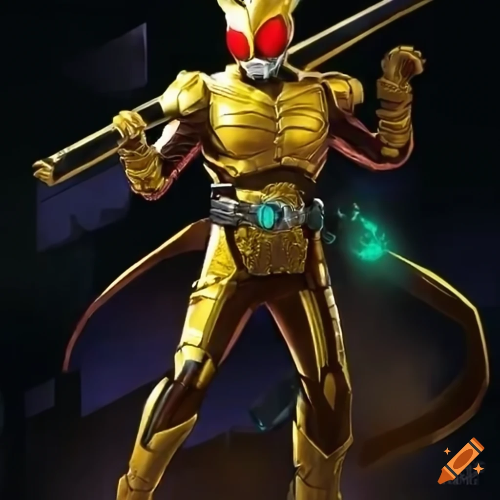 Kamen rider with sword and gold armor in fantasy style on Craiyon