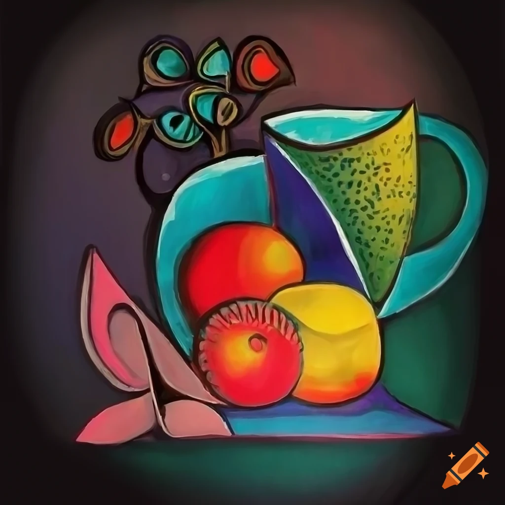 Colorful cubism Picasso-style still life with fruits and flowers on Craiyon