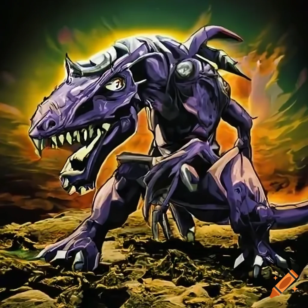 Decaying boney dinosaur in a badlands with Yu-Gi-Oh art style on Craiyon